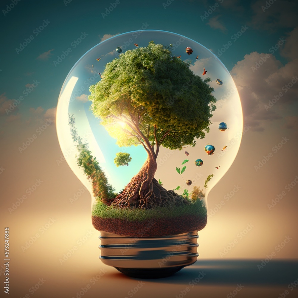 realistic 3D environment and Earthday concept. the lightbulb has a tree ...