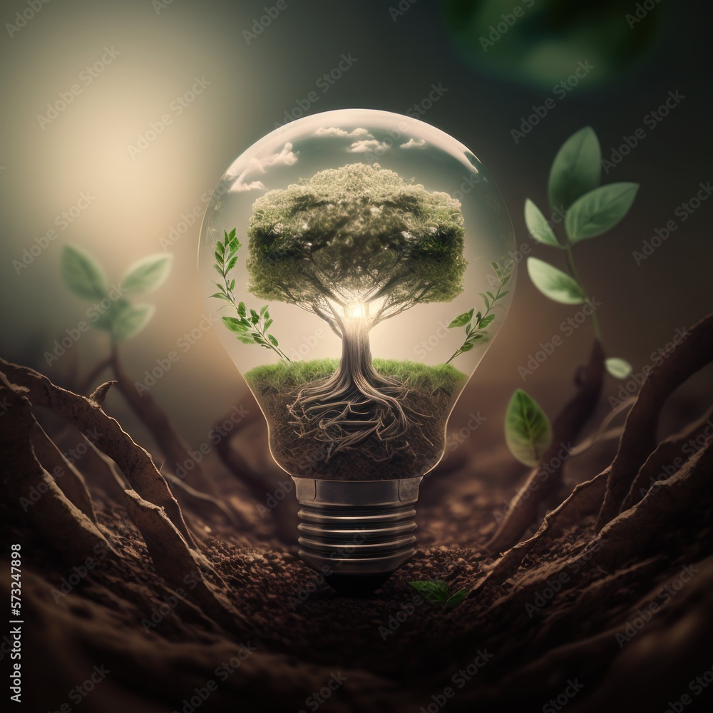 realistic 3D environment and Earthday concept. the lightbulb has a tree ...