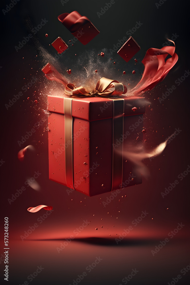 Floating closed gift box with water splash effect on dark red ...