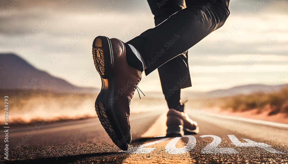 Man standing with forward ahead and start 2024 new year, shoes of ...