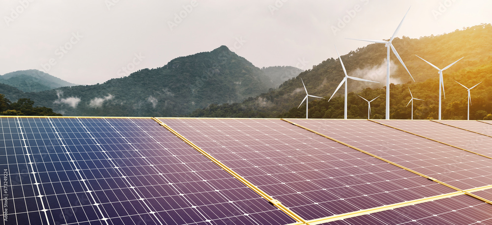 Solar panel and Wind Turbines on hill.sustainable energy to businesses ...