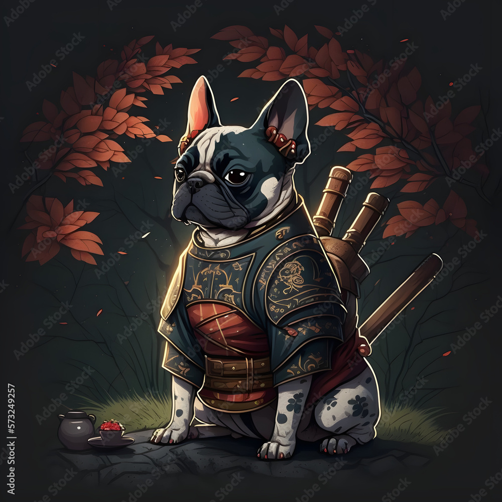 French bulldog with a serious face in a samurai costume. Illustration ...