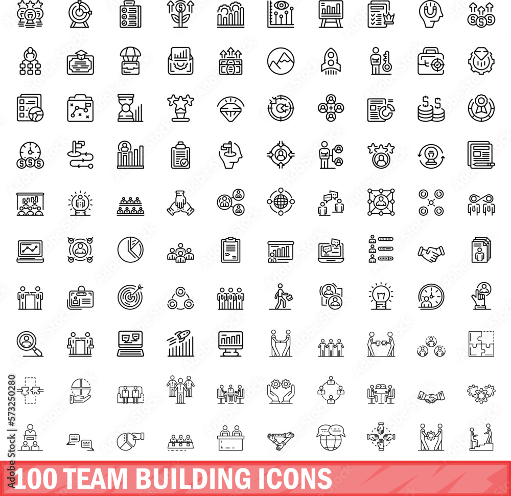 100 team building icons set. Outline illustration of 100 team building ...