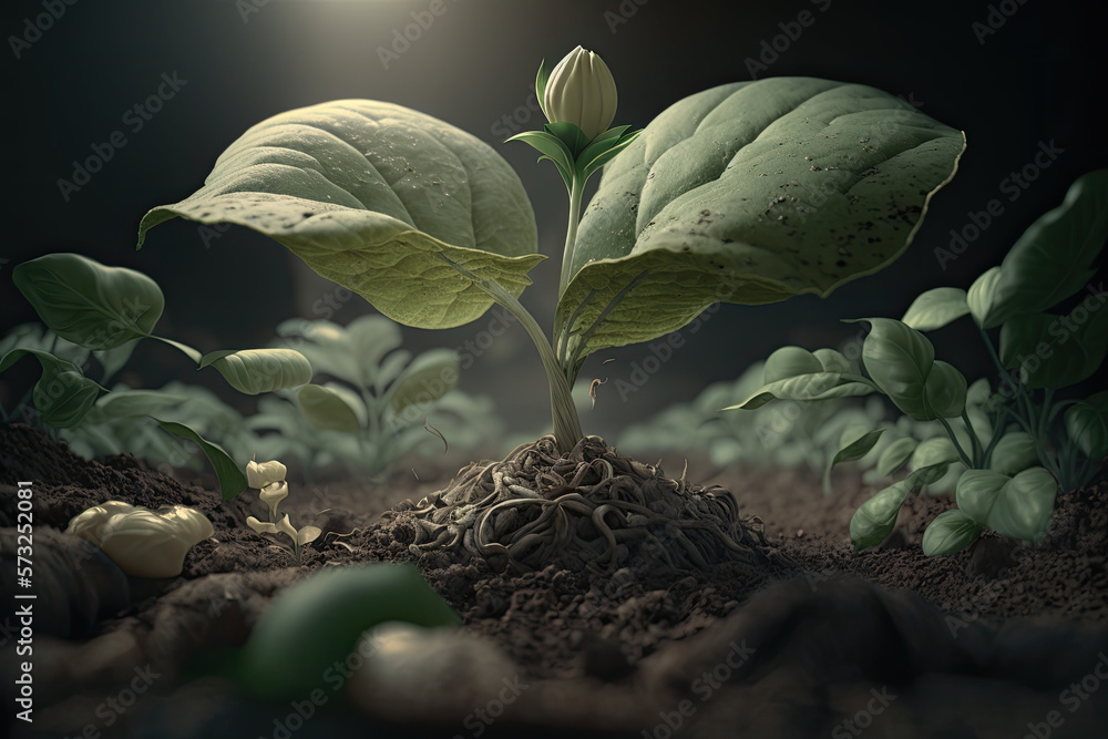 A young summer squash plant sprouting its first real leaf, spring ...