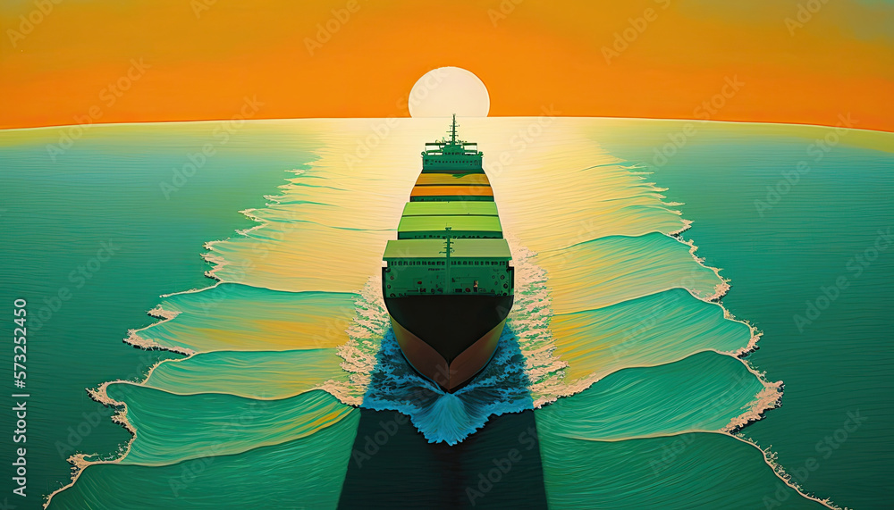 Aerial view to cargo ship with containers on deck in open sea on ...