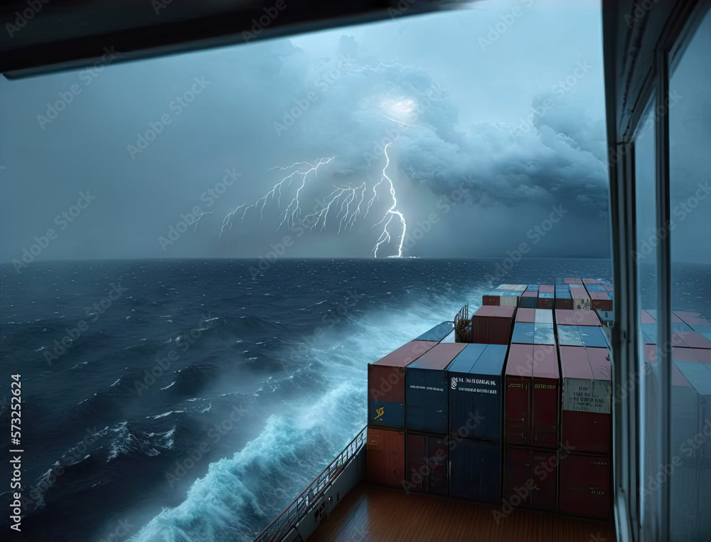 Cargo ship with containers on deck in storm sea stormy sky, cargo ...