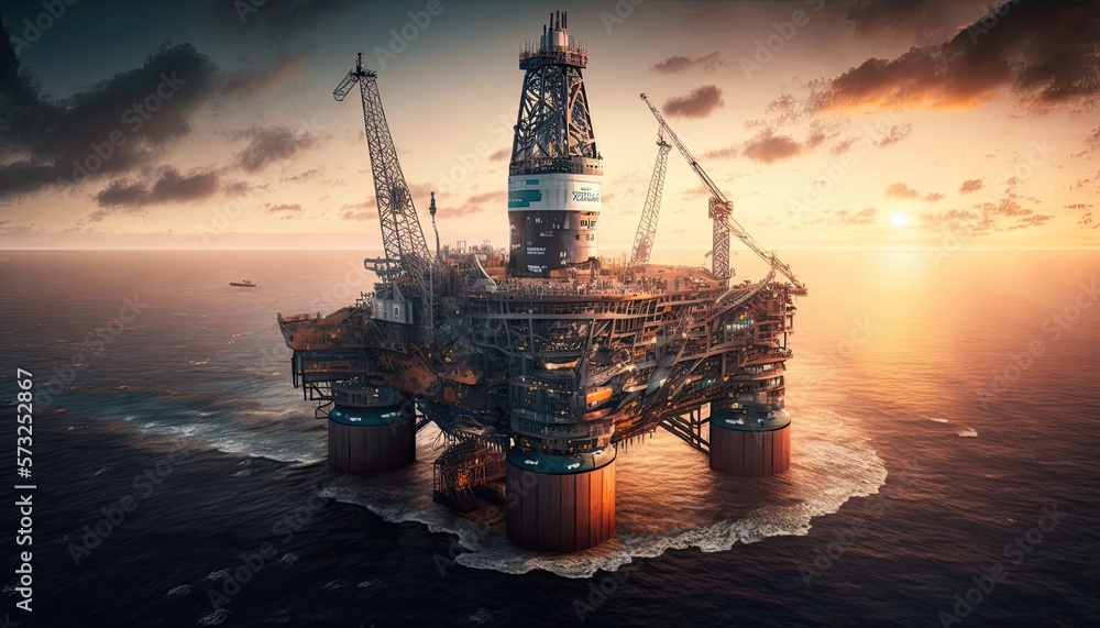 Oil rig platform in open sea on beautiful sunset, offshore oil ...