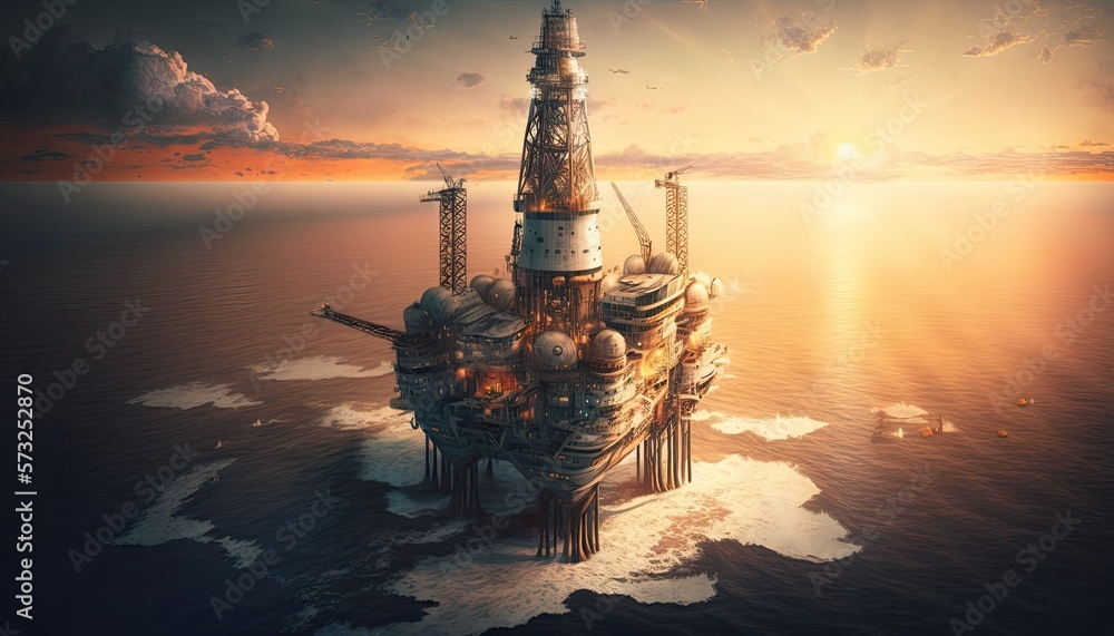 Oil rig platform in open sea on beautiful sunset, offshore oil ...