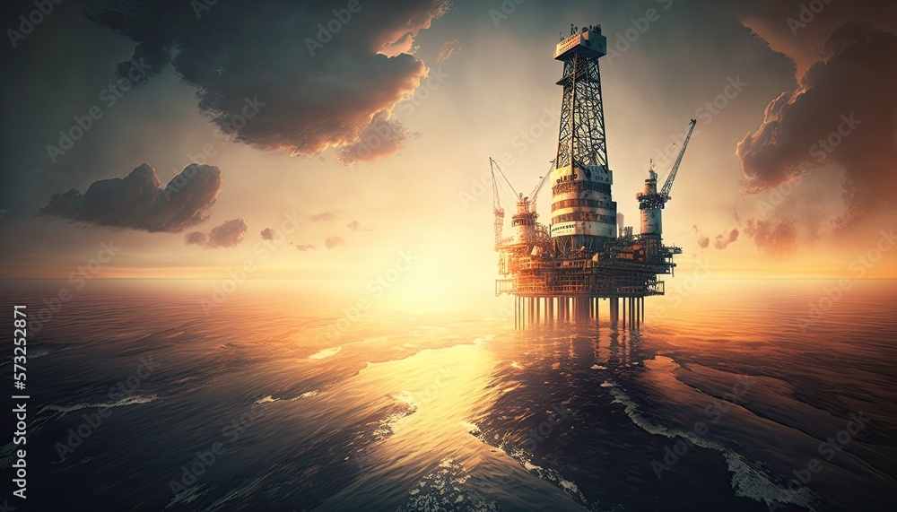 Oil rig platform in open sea on beautiful sunset, offshore oil ...