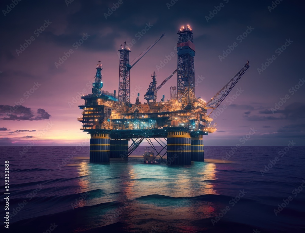 Oil rig platform in open sea on beautiful sunset, offshore oil ...