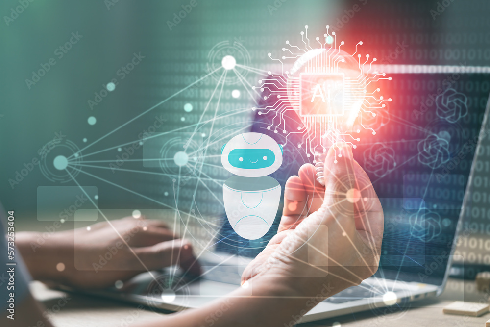 ChatGPT Chat with AI or Artificial Intelligence. Young businessman chatting with a smart AI or ...