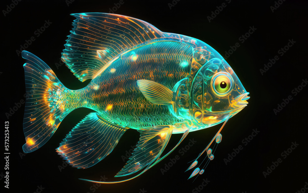 Translucent fish with neon glowing on dark undersea background ...