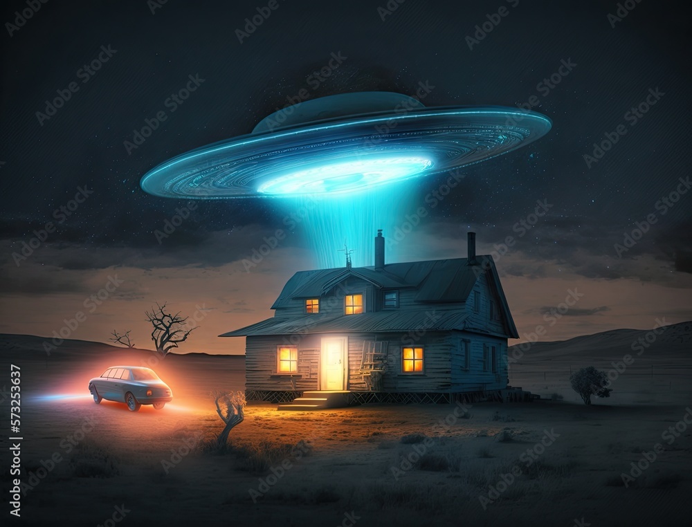 UFO unidentified flying object with light beam above house in night sky ...
