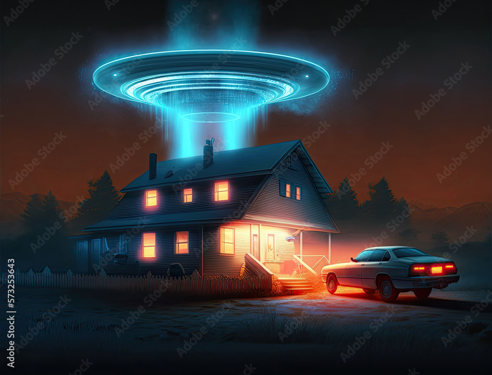 UFO unidentified flying object with light beam above house in night sky ...