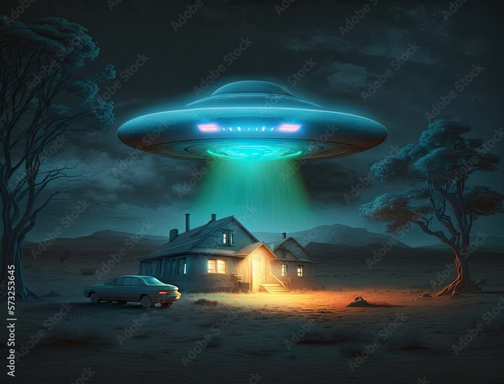 UFO unidentified flying object with light beam above house in night sky ...