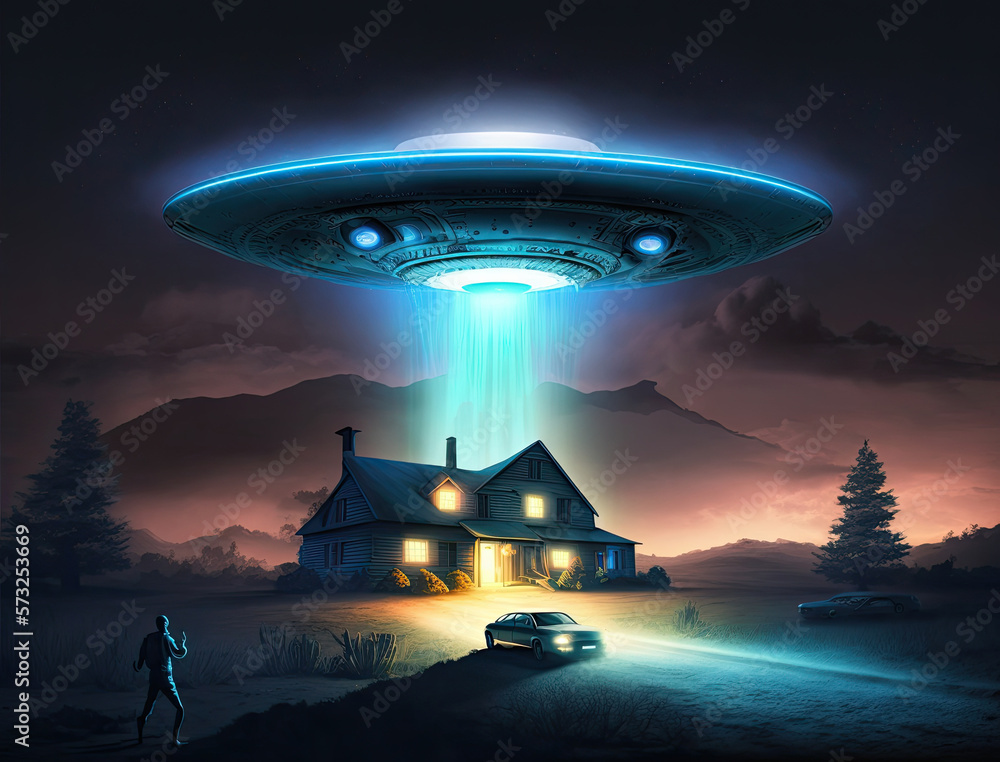 UFO unidentified flying object with light beam above house in night sky ...