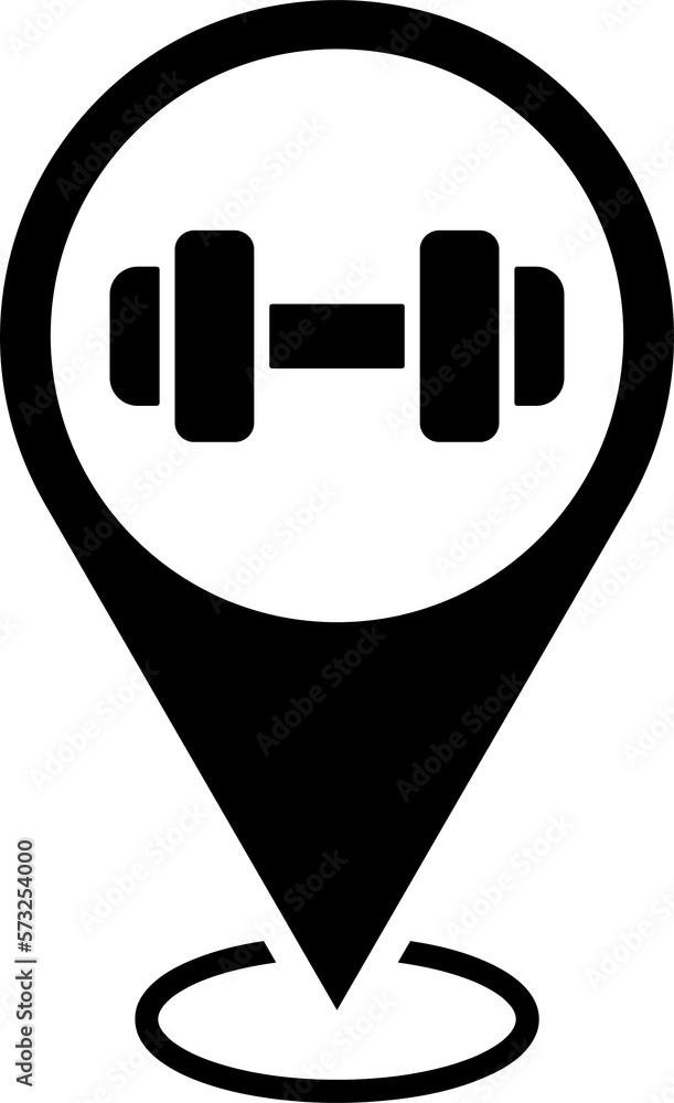 gym location map pointer, weight icon with location pin, black symbol ...