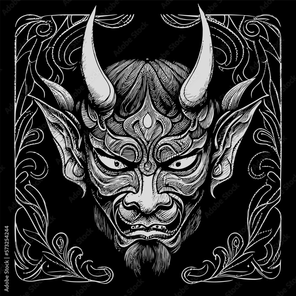 Vetor de This Japan Hannya mask line art drawing depicts the haunting ...