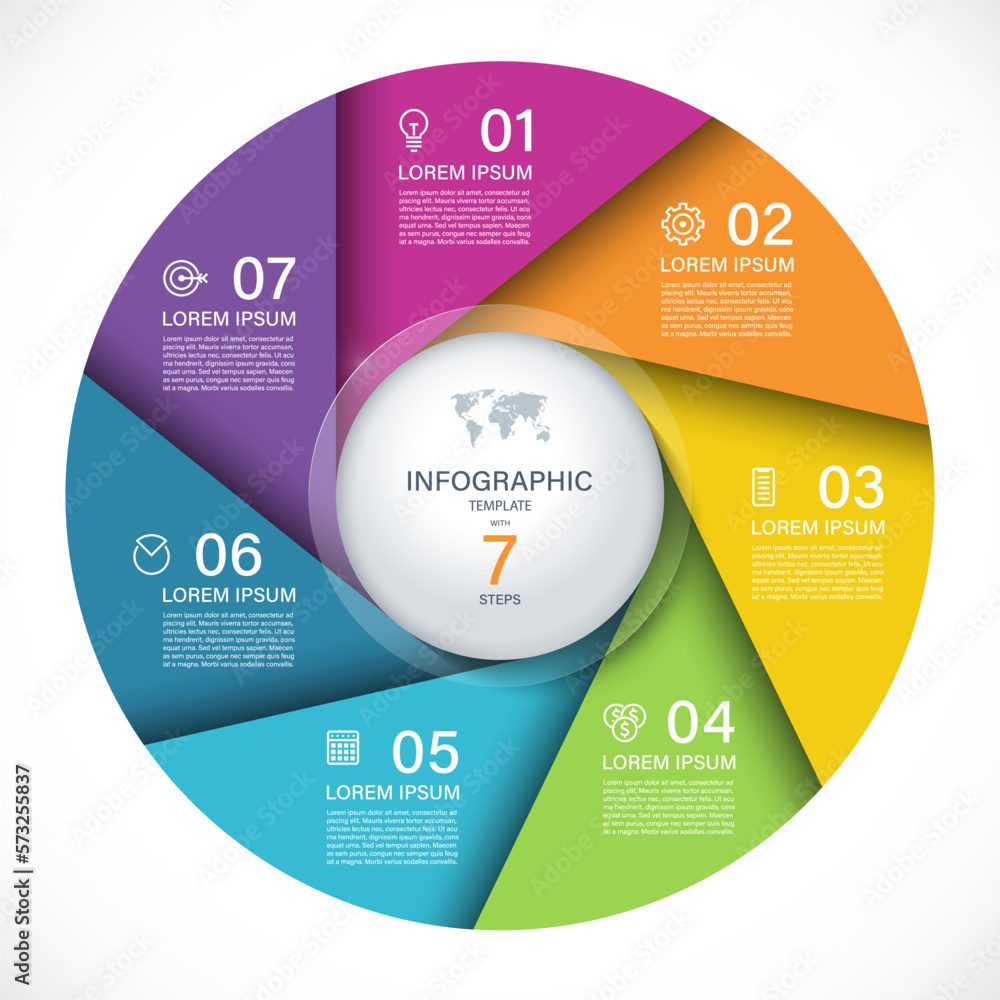 Vector infographic circle. Cycle diagram with 7 steps. Round chart that ... Vector infographic circle. Cycle diagram with 7 steps. Round chart that ...