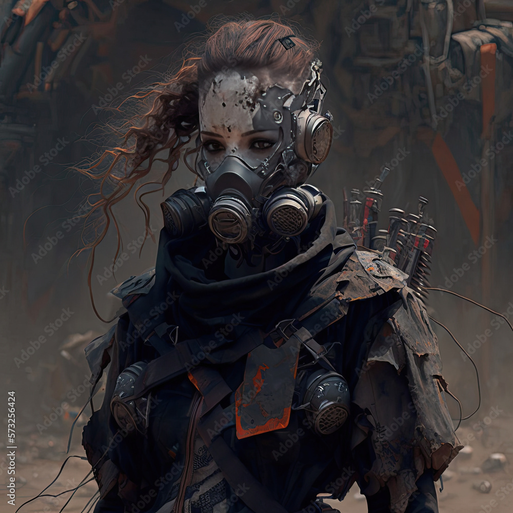 Portrait, cyborg woman face with gas mask, with apocalyptic background ...