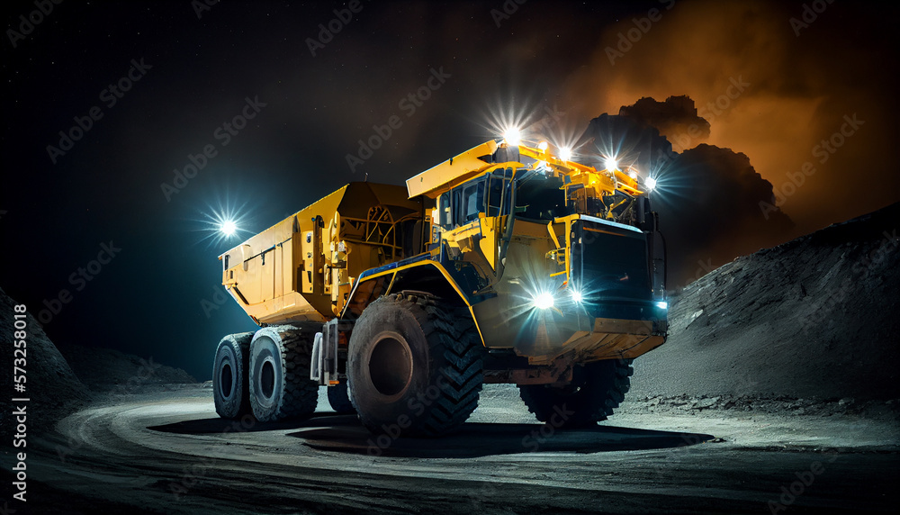 Heavy mining dump truck during night loading of rock in limestone ...