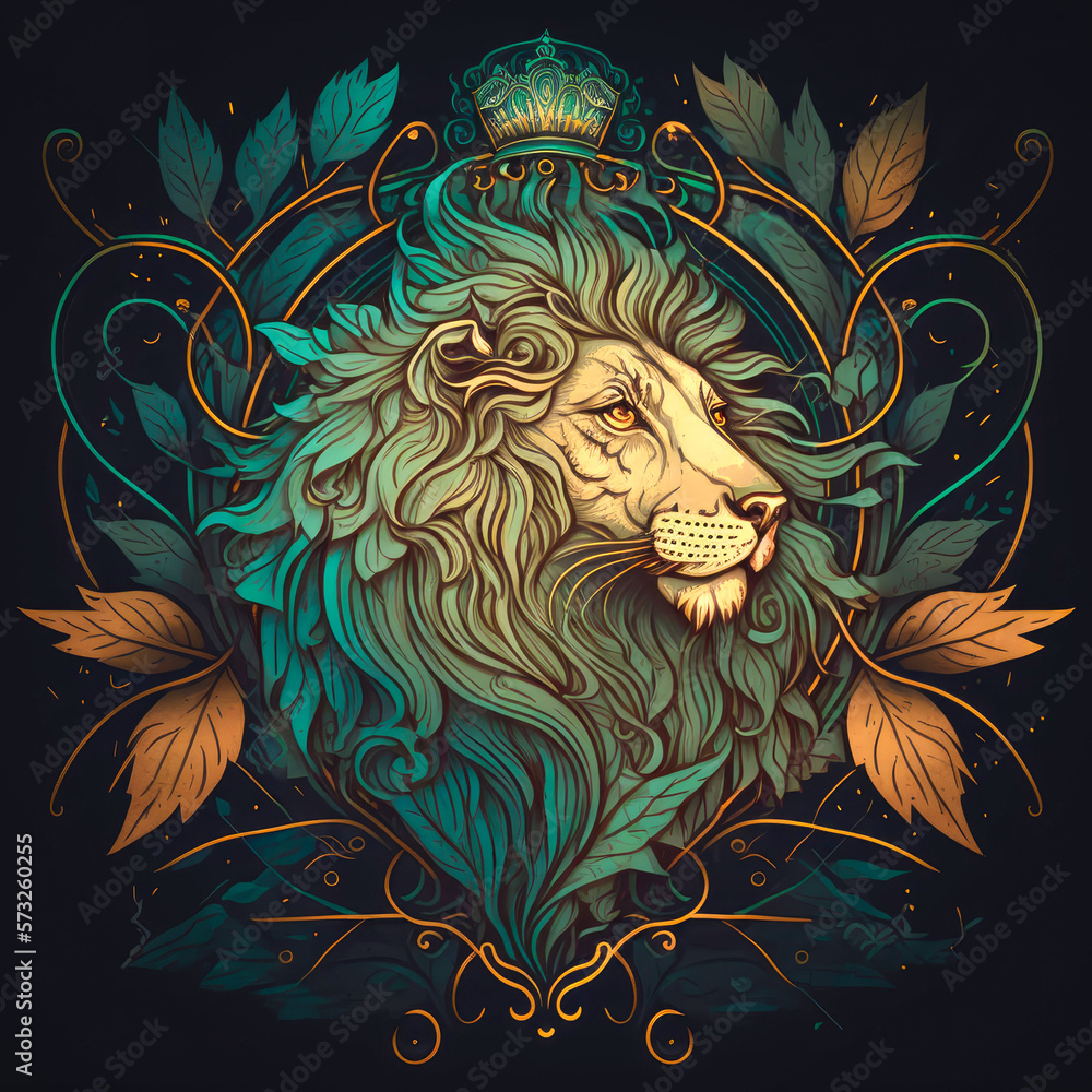 lion with a crown on its head with mucha and art nouveau style ...