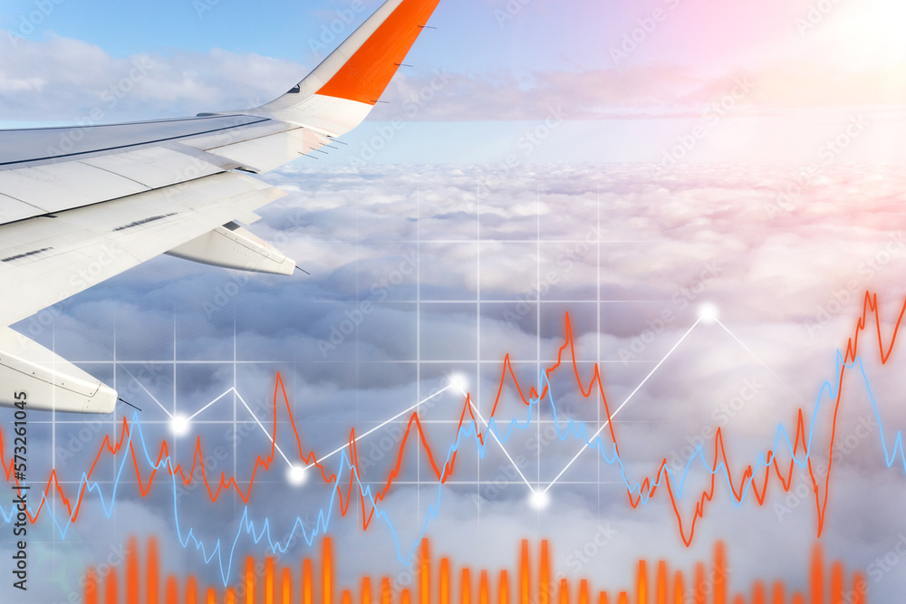 Wing of the plane on the background of clouds. Travel concept. Flight ...