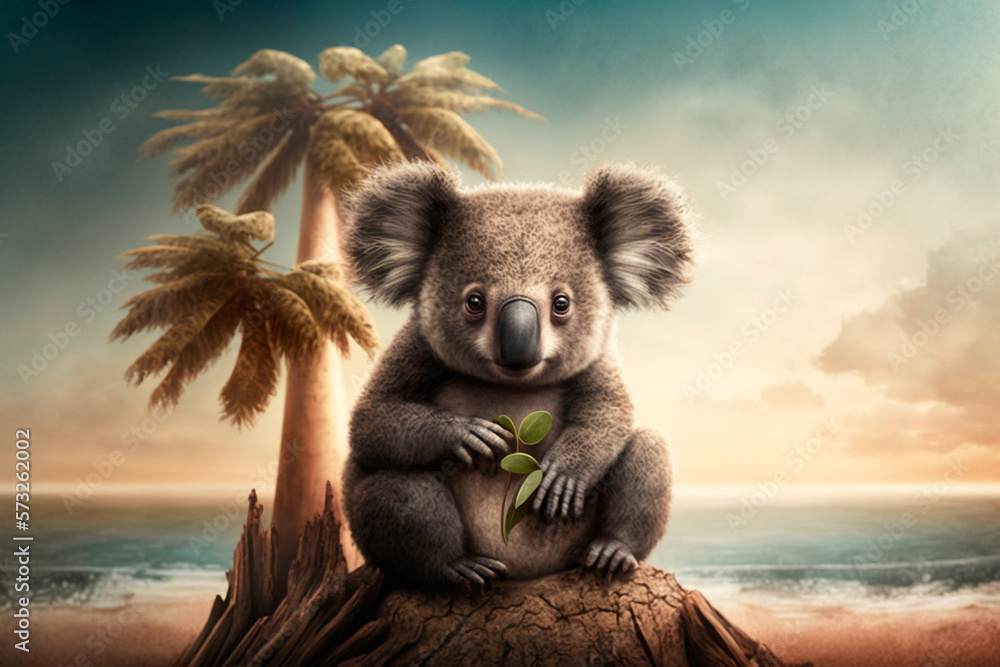 Koala sits on a deserted island under a palm tree AI generated content ...