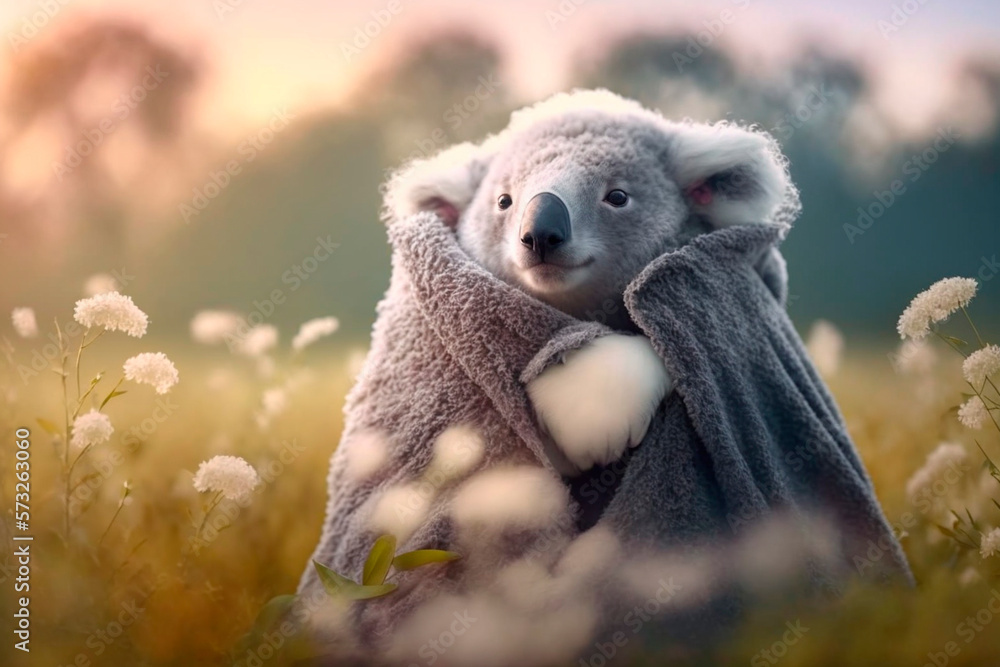 Koala snuggles up in a blanket in a meadow AI generated content ...