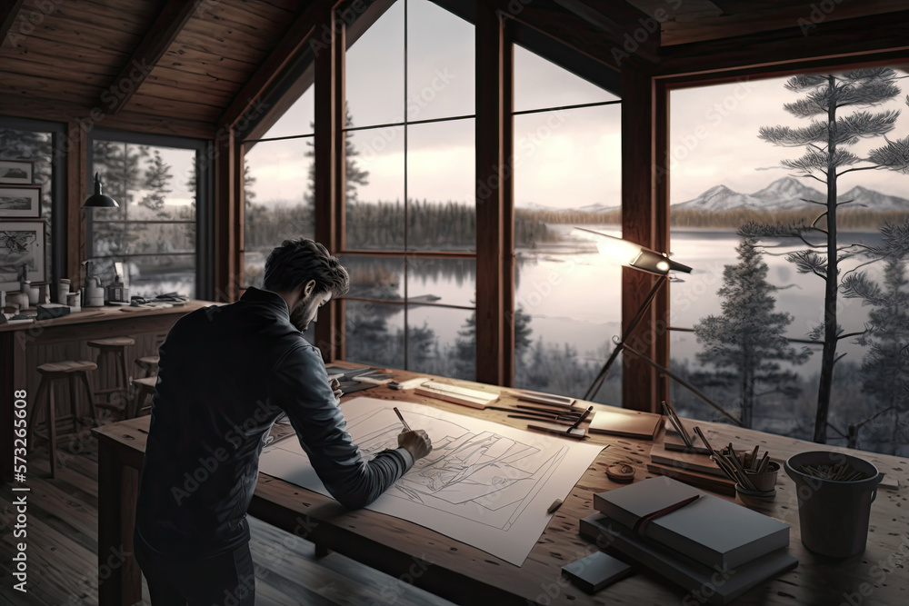 A male architect makes architectural drawings at a large table in a ...