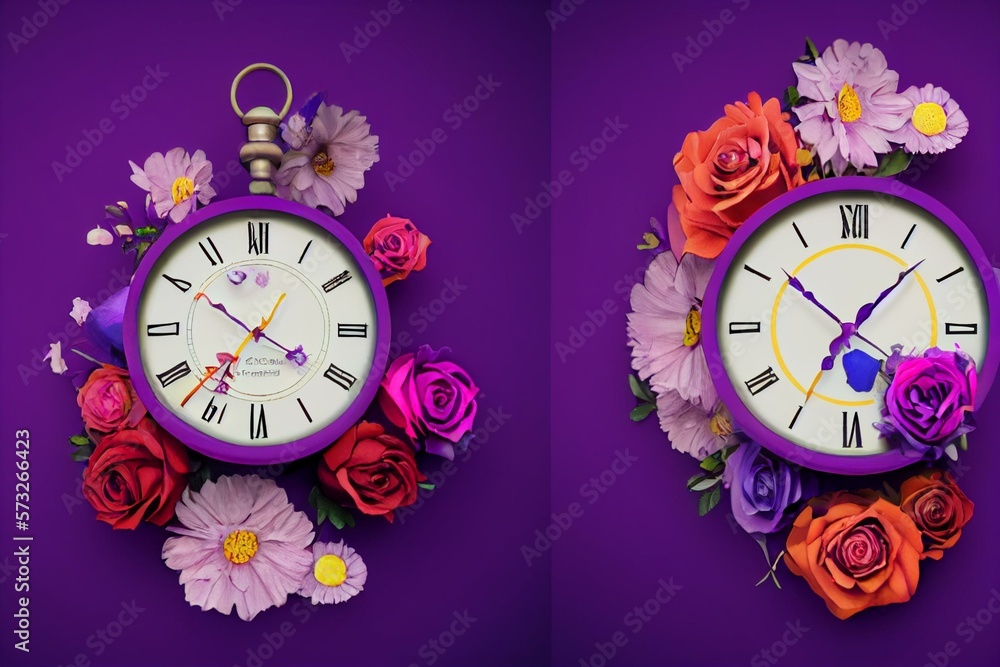 a colorful clock with a flower on it's face and a purple rose on the ...
