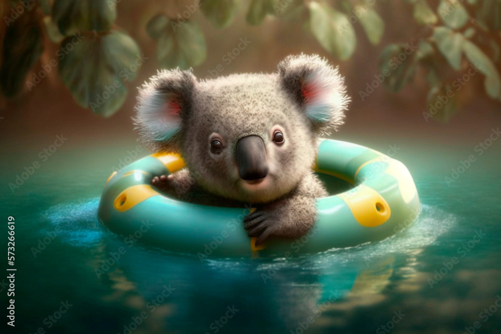 Koala in a swim ring in a pool or See AI generated content Stock ...