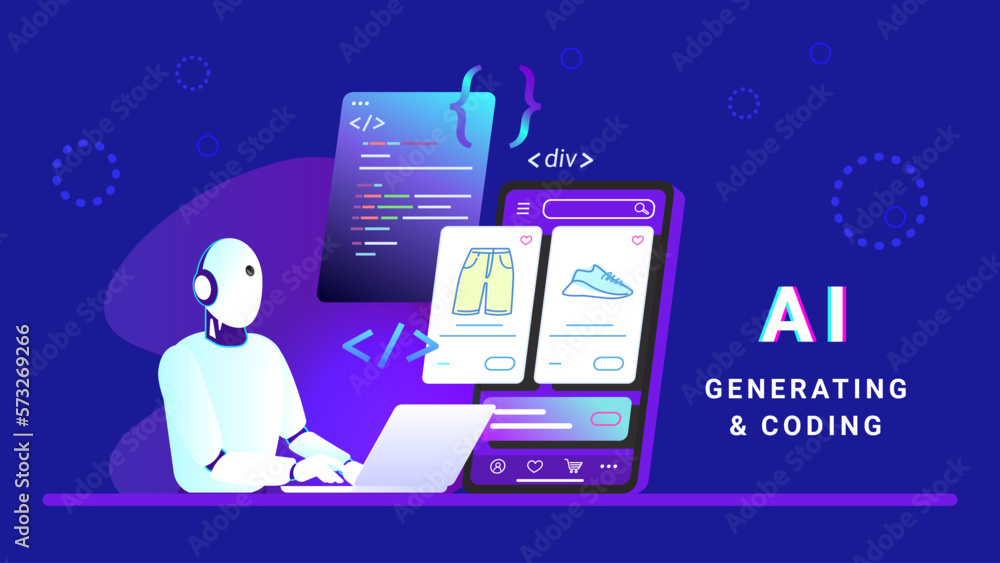 AI tecnology for coding e-commerce mobile app for online store. Flat ...