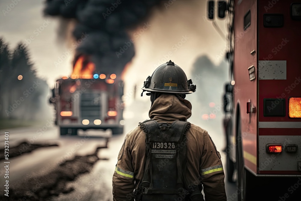 fireman ( Feuerwehr ) stands near an accident. view from behind ...