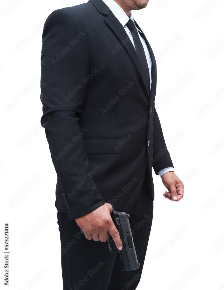 A bodyguard wearing a black suit holds a pistol. On transparent ...