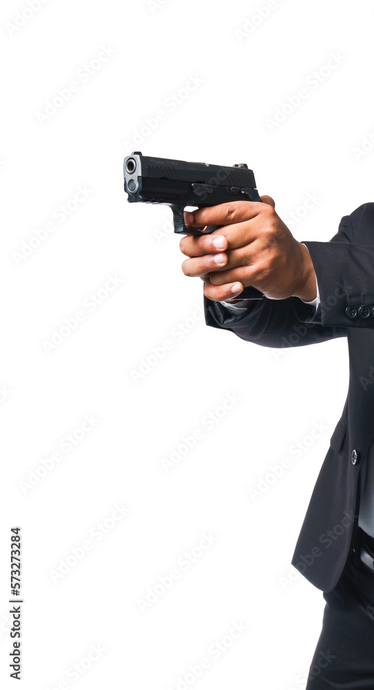 The bodyguard was wearing a black suit and holding a pistol. On ...