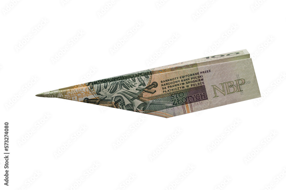 Money plane. Cash Polish zloty banknote folded into airplane isolated ...
