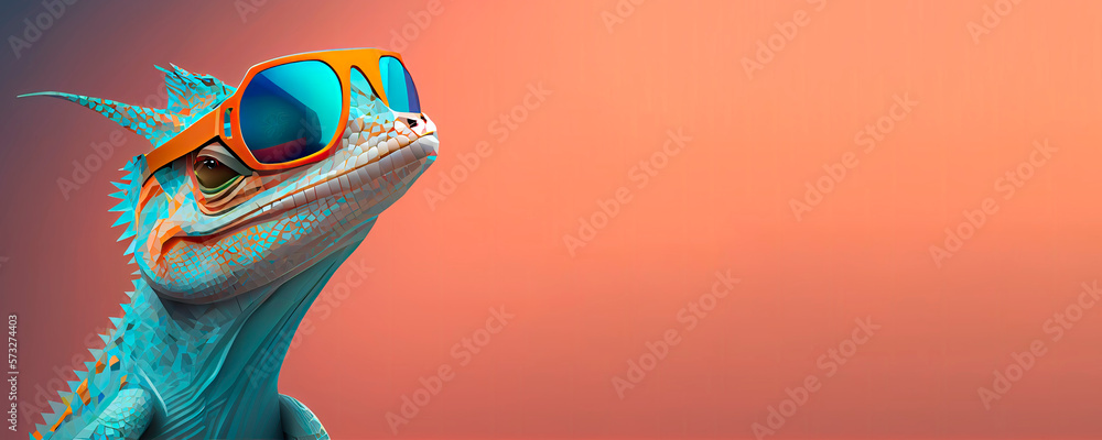 Chameleon with sunglasses on solid color background, focus on face ...