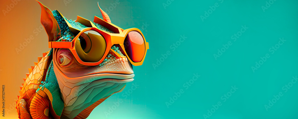Chameleon with sunglasses on solid color background, focus on face ...