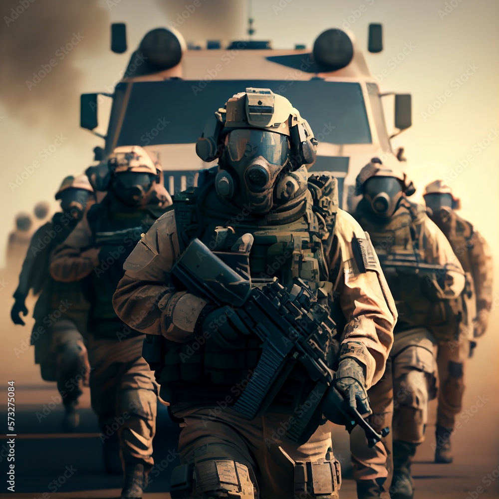 Military squad with guns and mask in full military uniform in front of ...