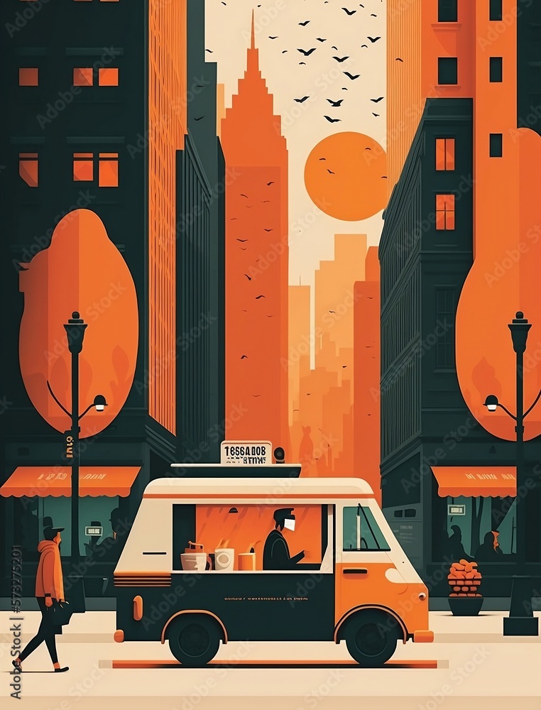 Minimalist illustration depicting different street scenes. Street food ...