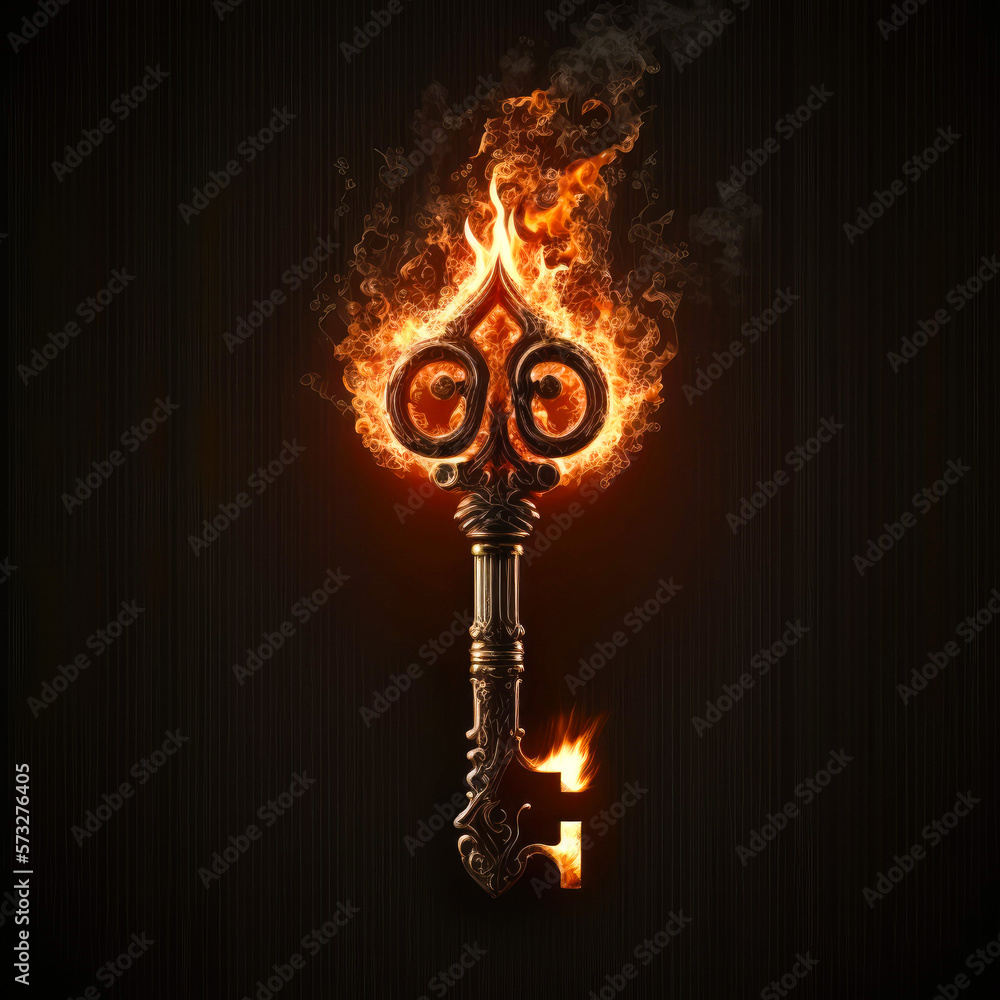 Ilustração do Stock: key that is on fire on a black background ...