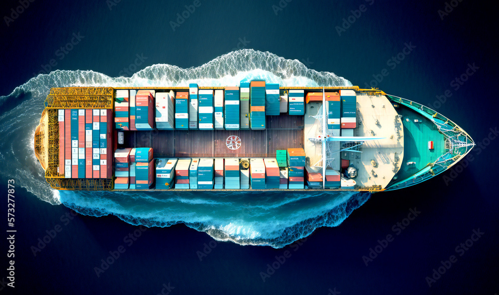 In a top-down view, a cargo ship navigates the ocean with purpose. The ...