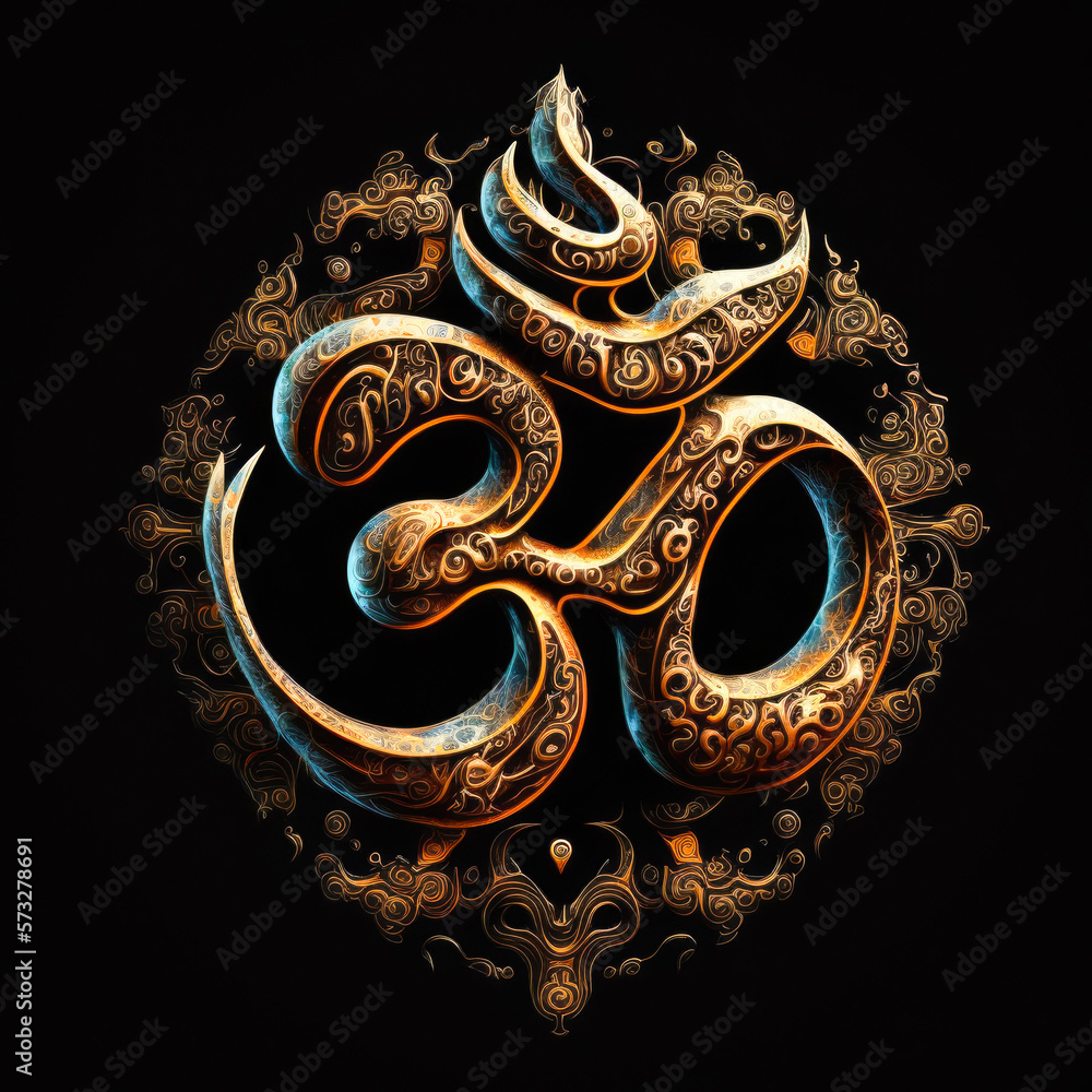 black and gold om shanti symbol on a black background, volumetric ...