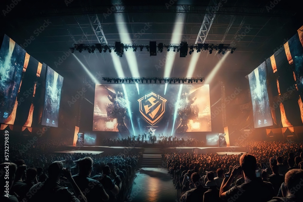 massive esports arena filled to capacity with cheering fans as two ...