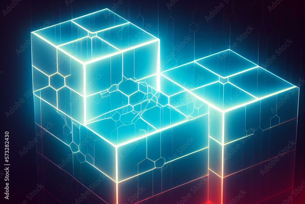 Cube technology on Converging point of circuit with Abstract blue background. Blockchain Network ...