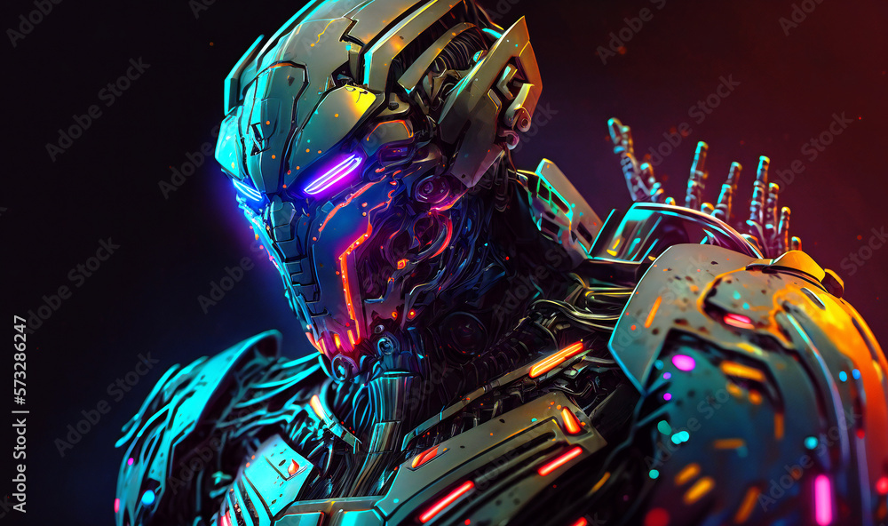 Against the dark backdrop, the futuristic robot comes alive with an ...