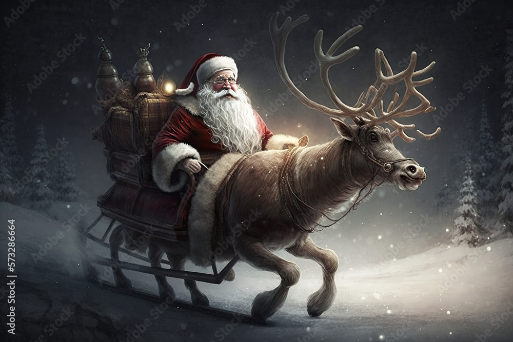 Santa Claus riding a reindeer sleigh to deliver presents, generative AI ...
