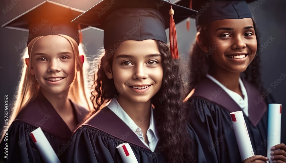 School girls in graduation cap and gown created with generative AI ...