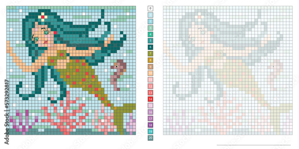 vector pixel illustration, little mermaid in the sea among corals ...